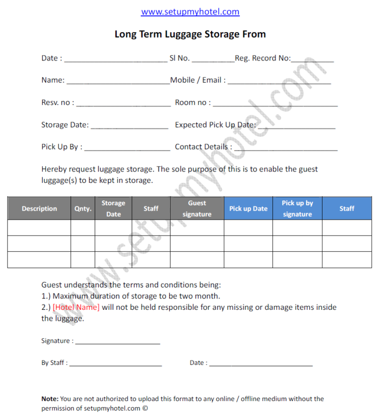 Bell Desk - Long Term luggage / Left luggage storage form - SetupMyHotel
