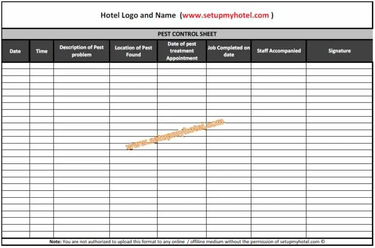 Pest Control Log Book / Sheet - SetupMyHotel
