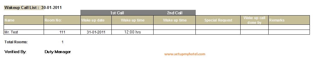 Front Desk - Wake Up Call Report - SetupMyHotel