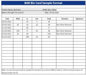 Bin Card Form Sample For Hotels | Restaurants - SetupMyHotel